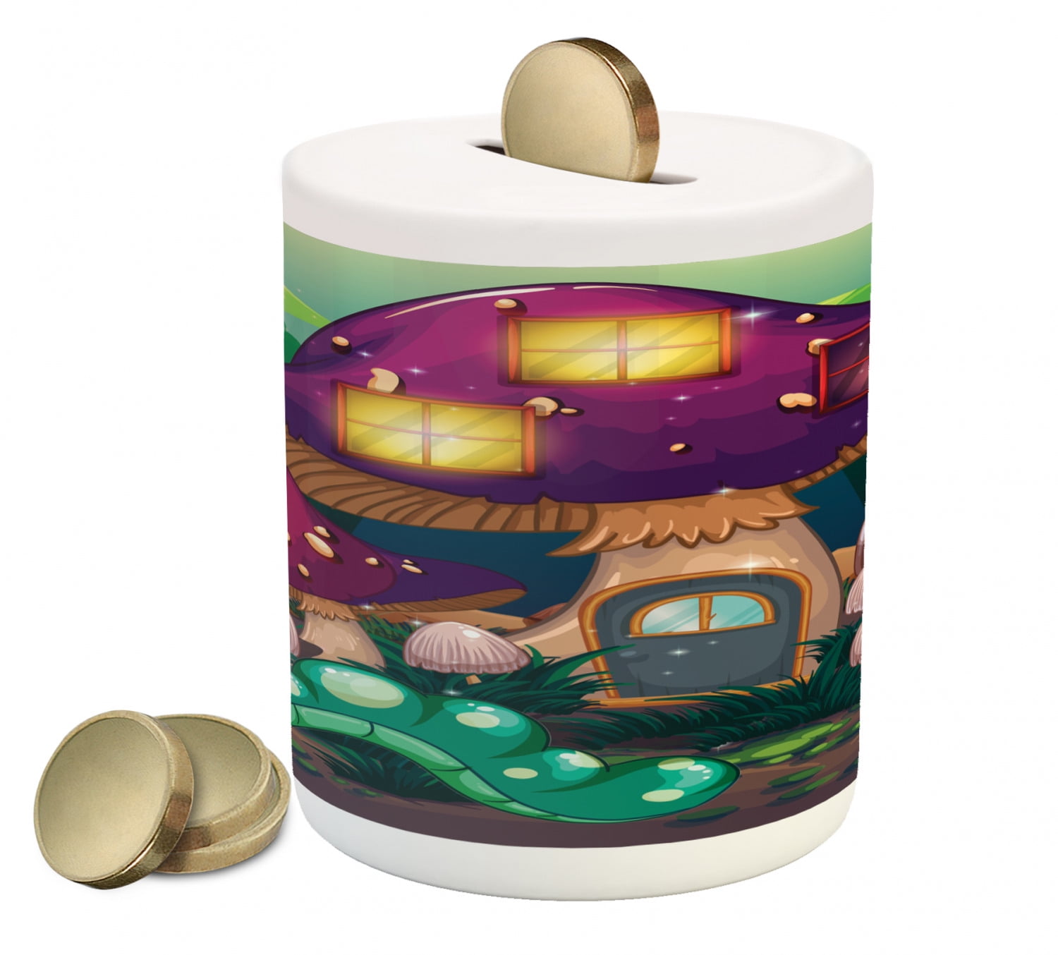 Mushroom Piggy Bank, Illustration of a Long Worm near Mushroom Houses ...