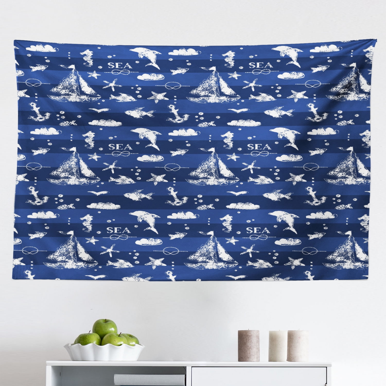 Navy Blue Tapestry, Nostalgic Polka Dots Pattern Mixed with Little ...