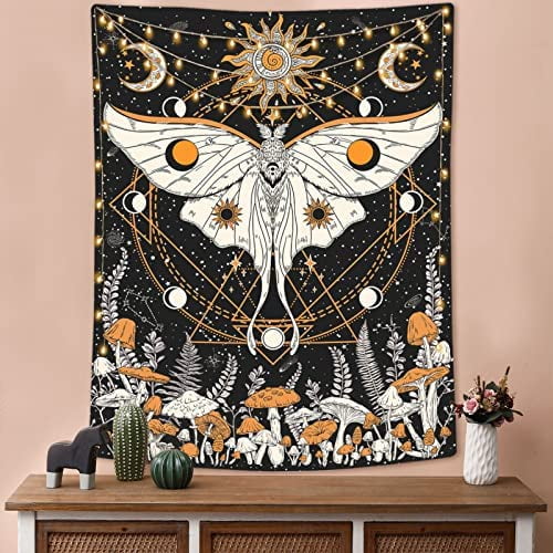 YOITEA Mushroom Tapestry Moth Tapestries Orange Sun Moon and Star ...