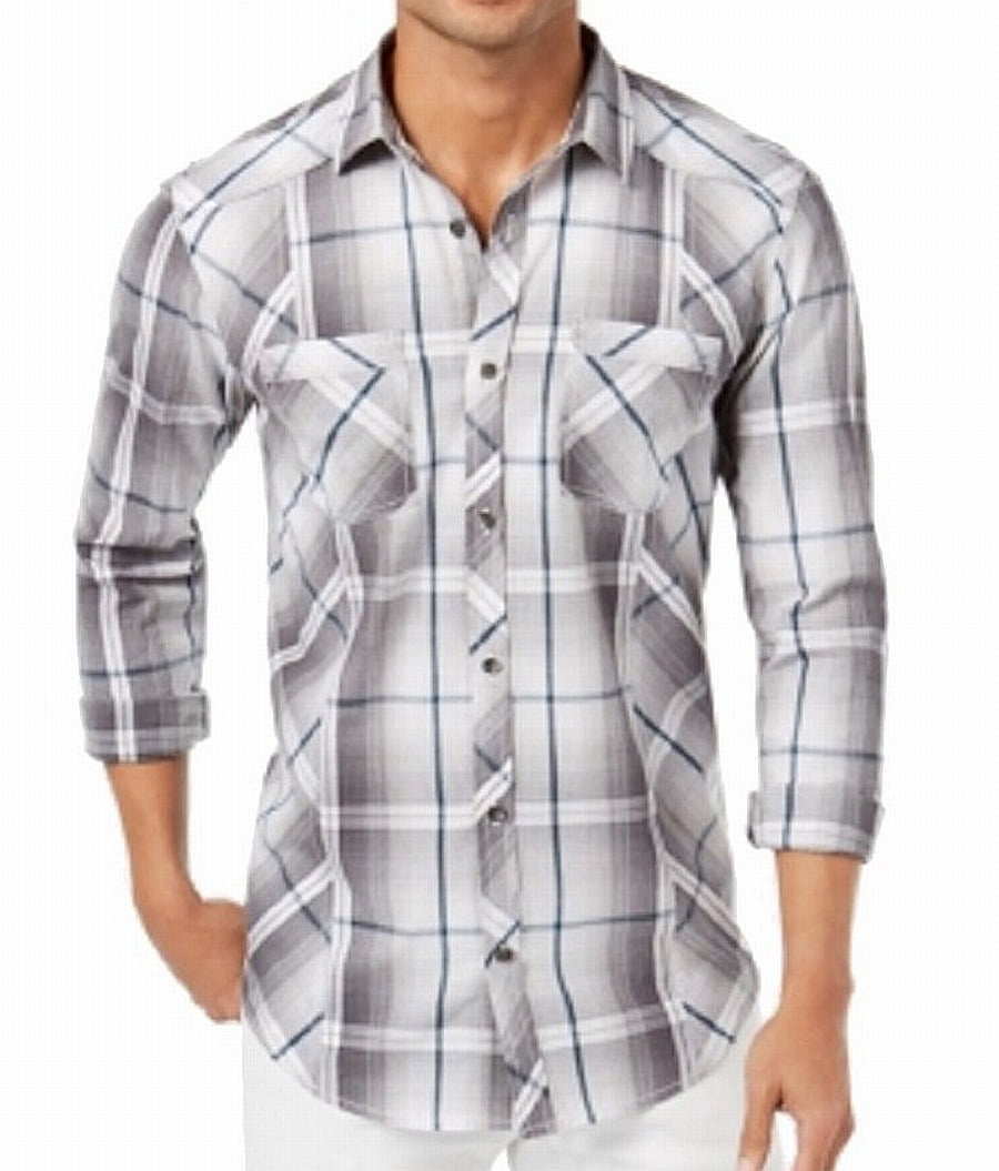 I-N-C Mens Plaid Button Up Shirt, Grey, Medium - Walmart.com