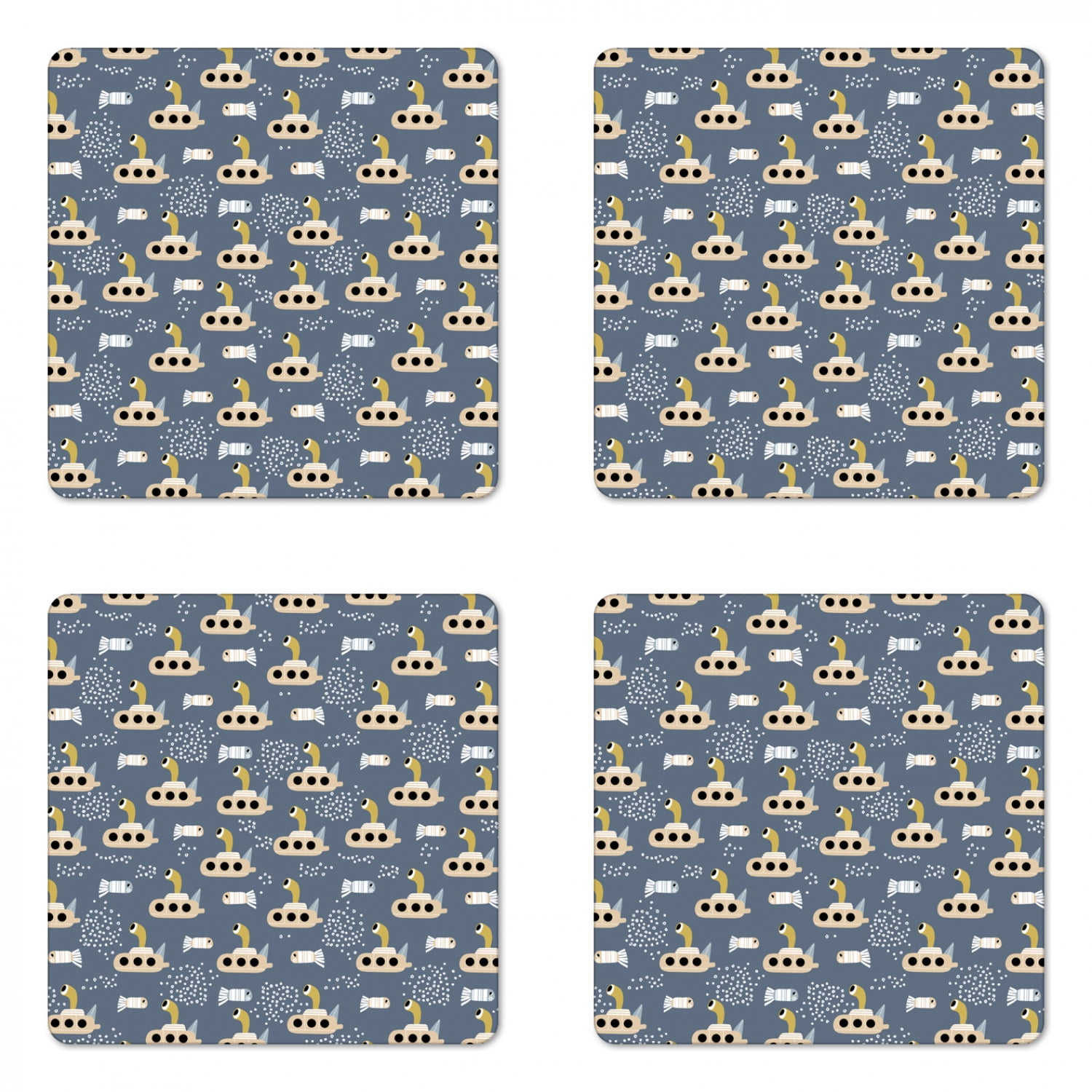 Nursery Coaster Set of 4, Cartoon Style Submarines Fringe Tailed ...