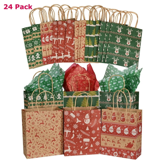 Coolmade 24 Count Christmas Kraft Gift Bags, Assorted Styles, Xmas ...