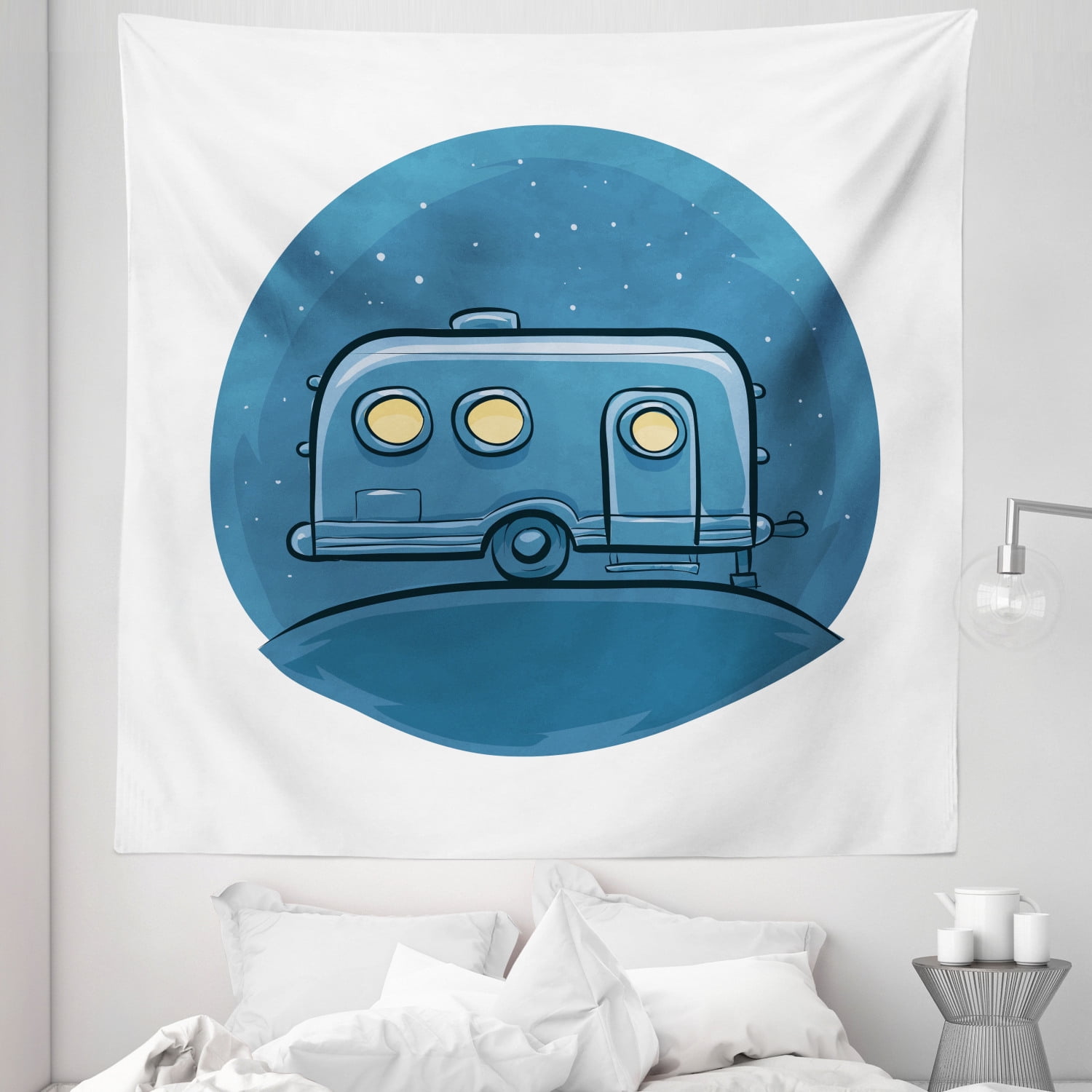 RV Tapestry, Cartoon Trailer at Night Tranquil Starry Sky Background ...