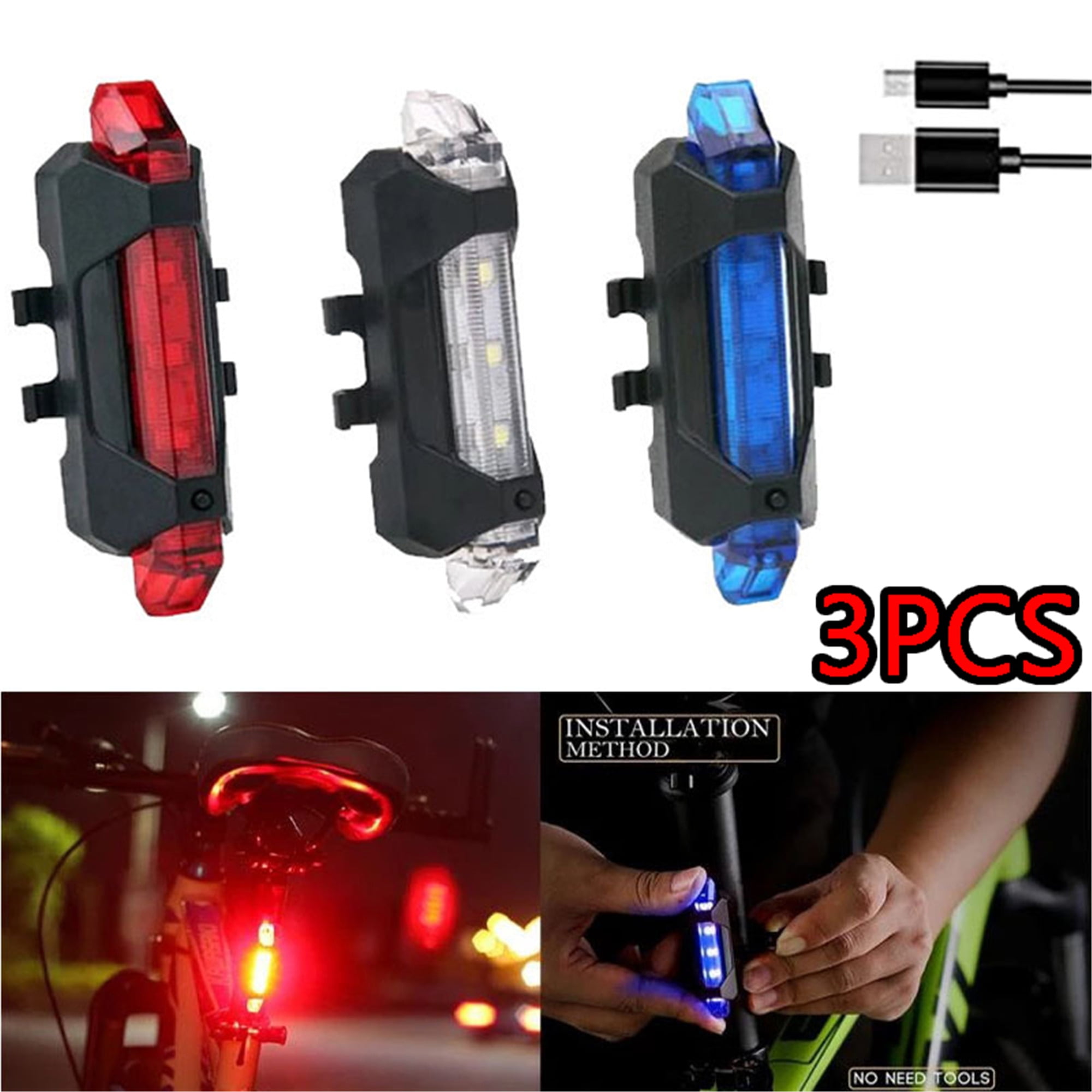 Elbourn 3Pcs Rechargeable USB LED Bicycle Tail Light Mountain Bike Rear ...