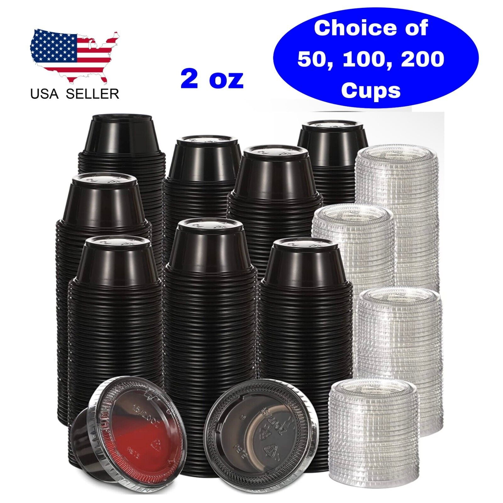 2 oz Black Plastic Clear Disposable Portion Cups with Lids for Sauce ...