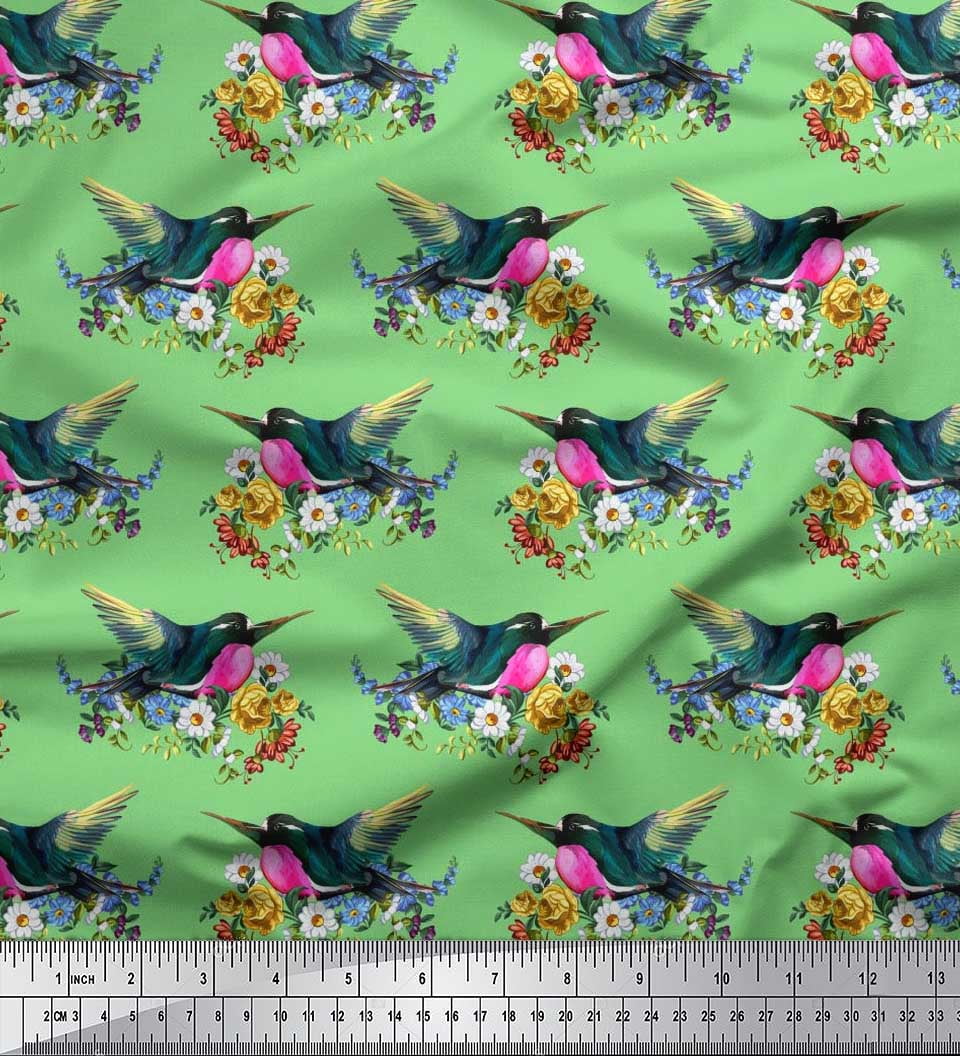 Soimoi Green Satin Silk Fabric Leaves,Floral & American Robin Bird ...