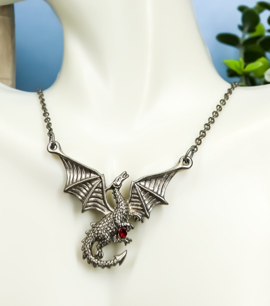 Ebros Red Gemstone Winged Caduceus Moon Dragon Jewelry Pewter Pendant ...