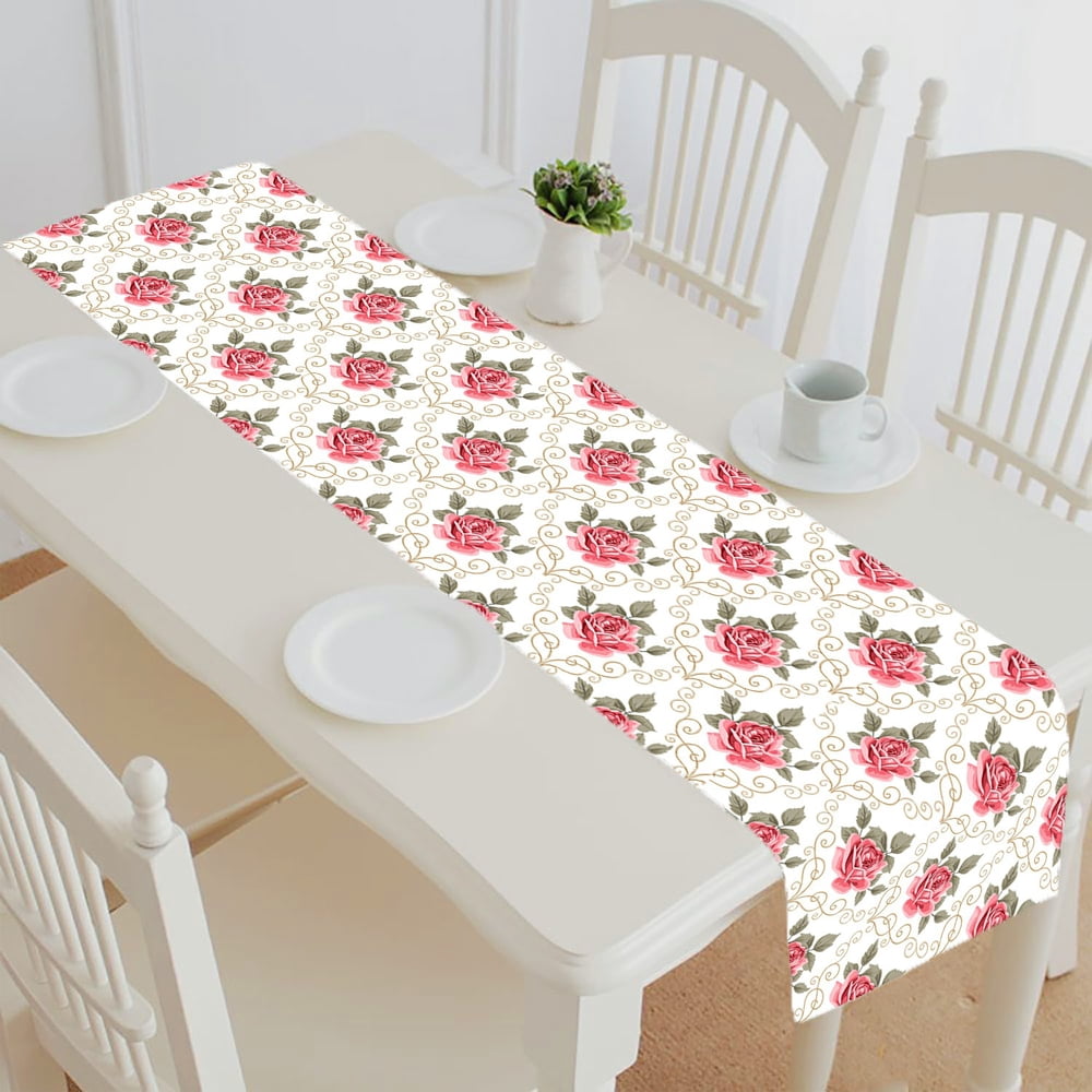 ABPHQTO Pink Roses Curly White Retro Table Runner Placemat Tablecloth ...