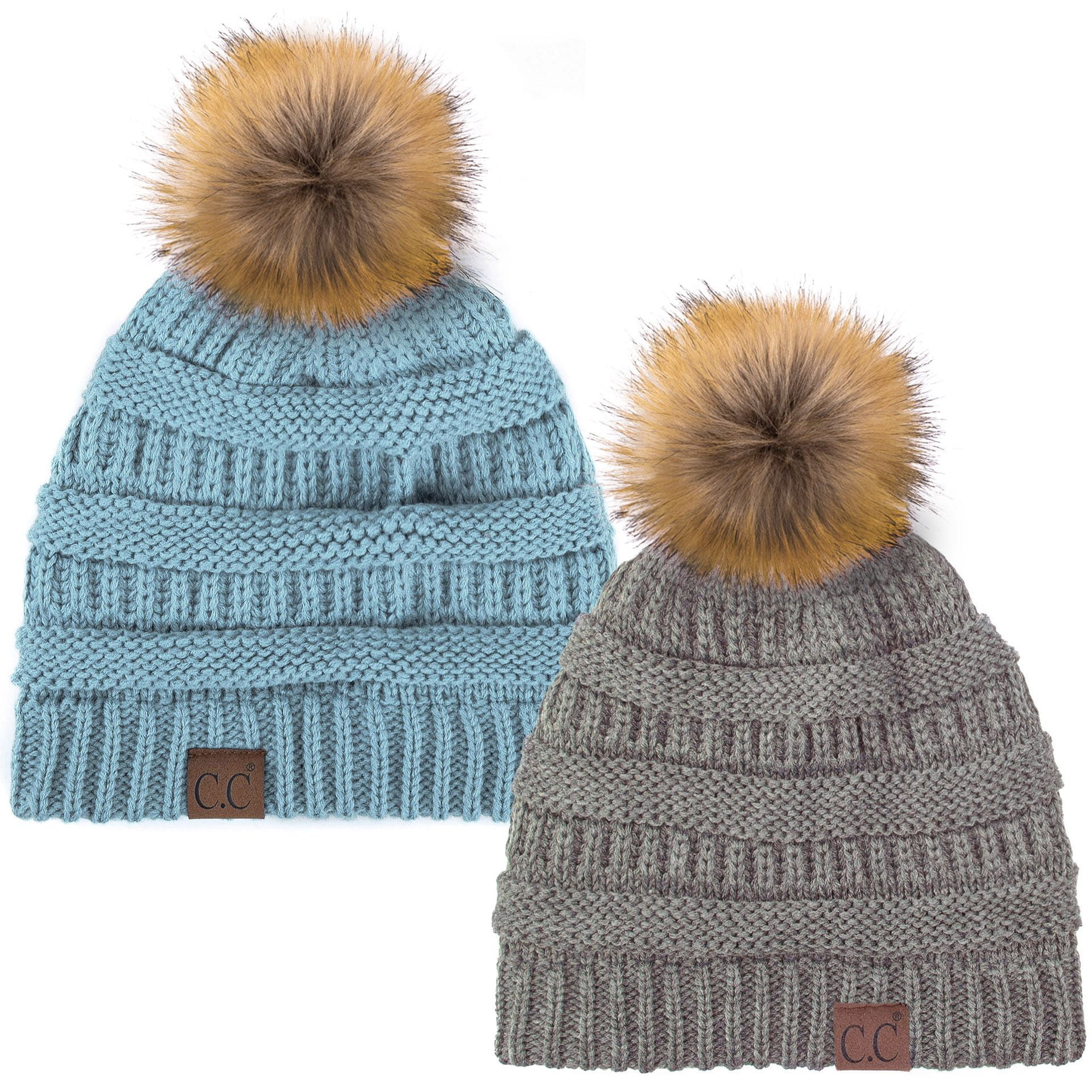 C.C Hat-43 Thick Warm Cap Hat Skully Faux Fur Pom Pom Cable Knit Beanie ...