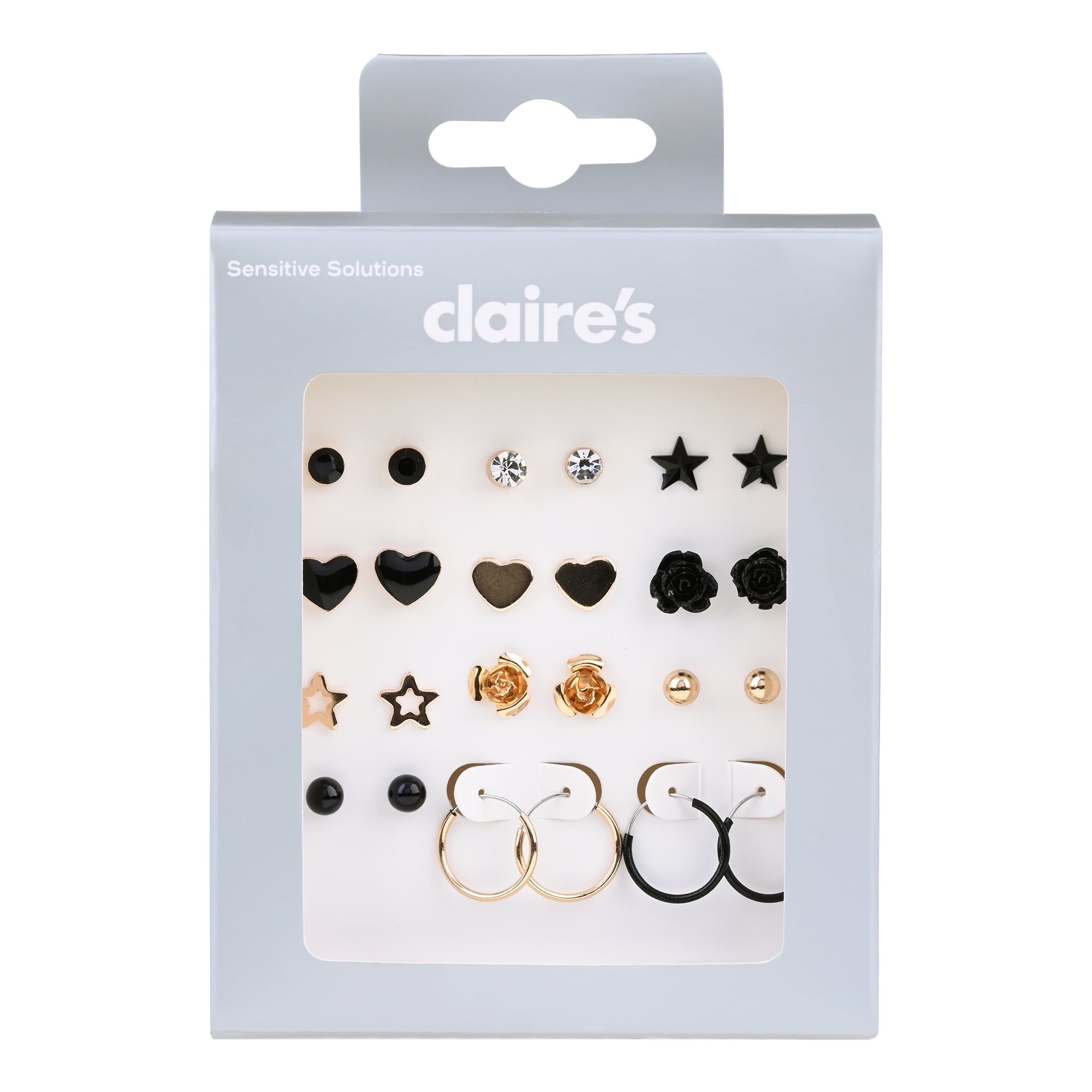 Claire's Tween Black and Gold Earring Set, Roses and Hearts, with Hoops ...