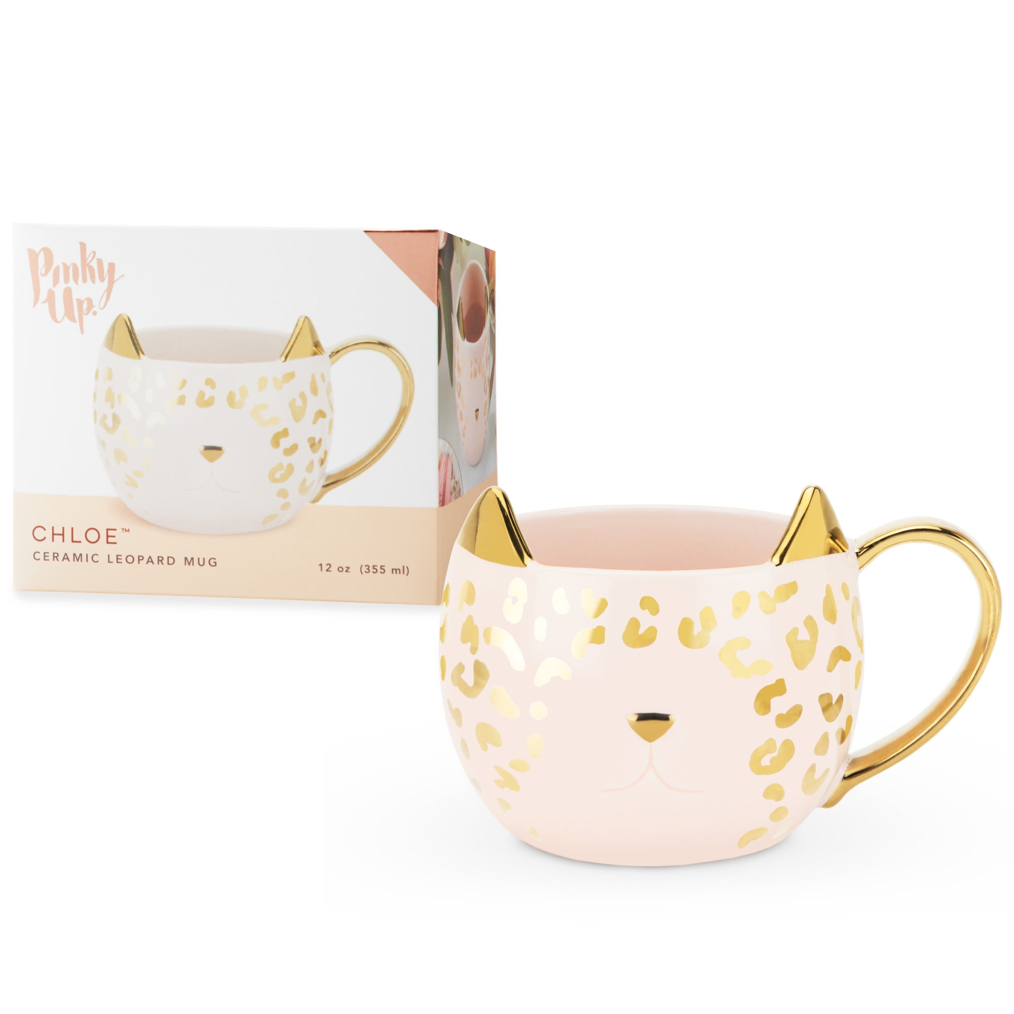 Pinky Up Chloe Pink Cat Mug - Ceramic Tea Mug with Leopard Print & Gold ...