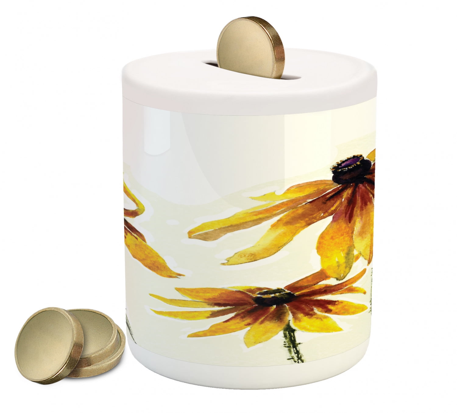 Watercolor Flower Piggy Bank, Garden with Daisy Flowers in Soft ...