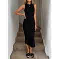 Black 95% Cotton Fitted Side Slit Mid-Length Dress, Casual Summer ...