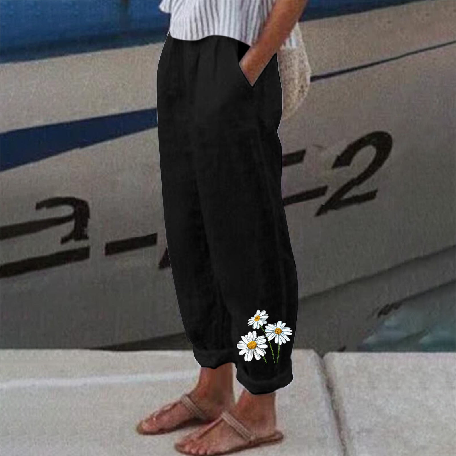 Cropped Pants For Women Office Women Capri Pants With Pockets Wide Leg ...