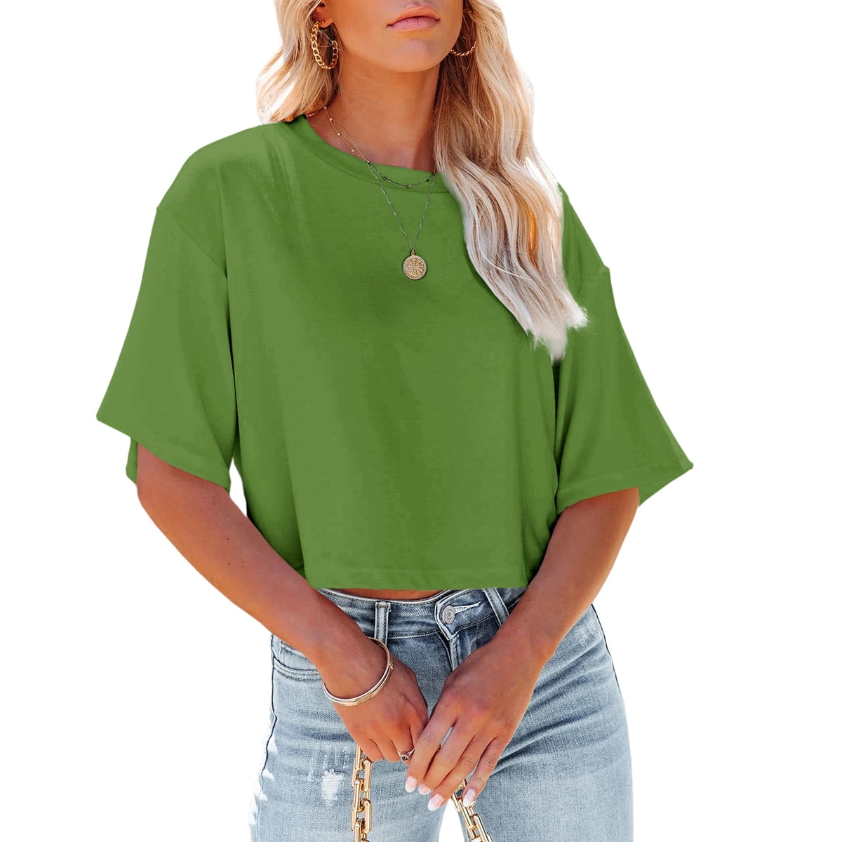 Dellytop Women Half Sleeve Drop Shoulder Solid Color Basic Crop Tops ...
