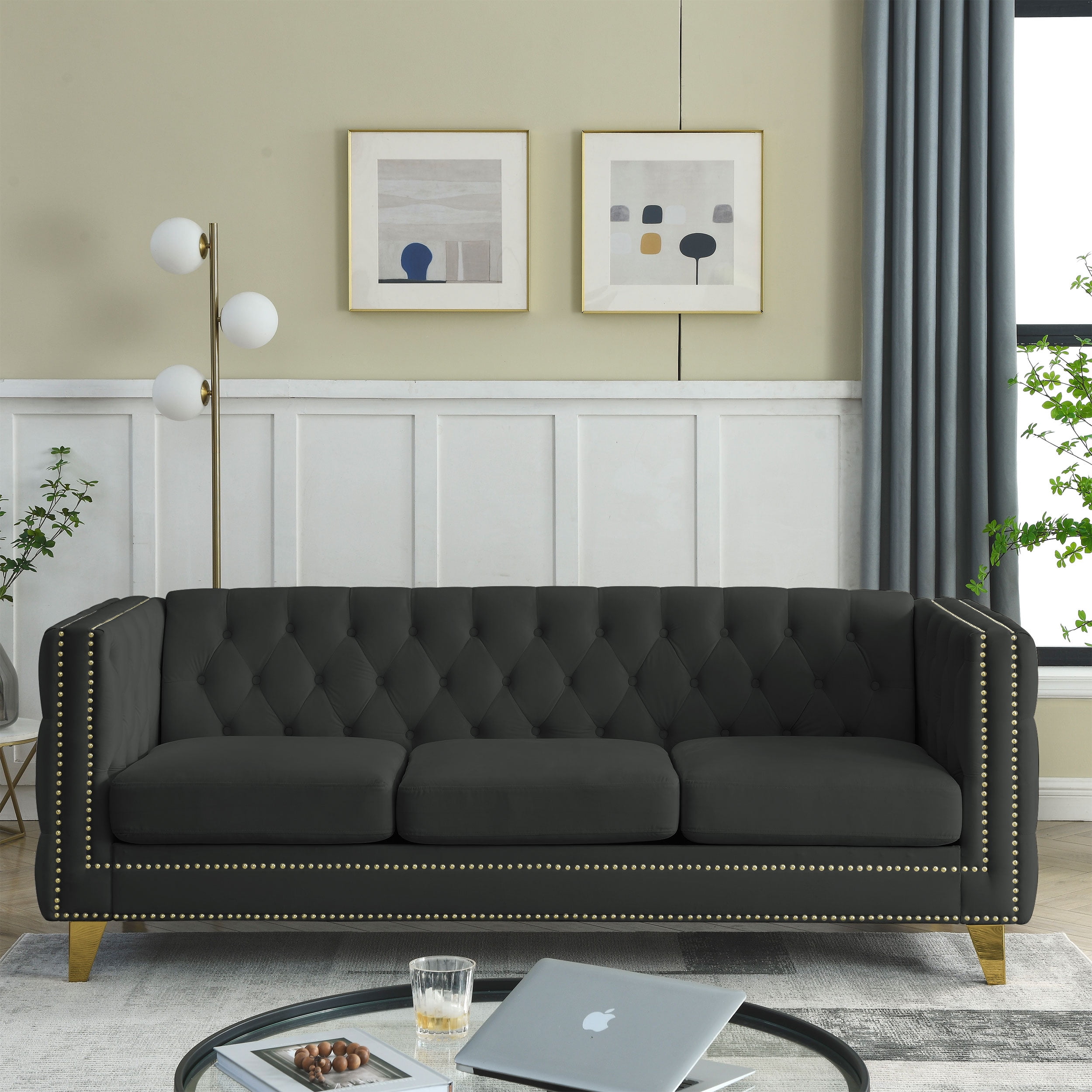 3 Seater Chesterfield Upholstered Velvet Sofa, Button Tufted Couch with ...