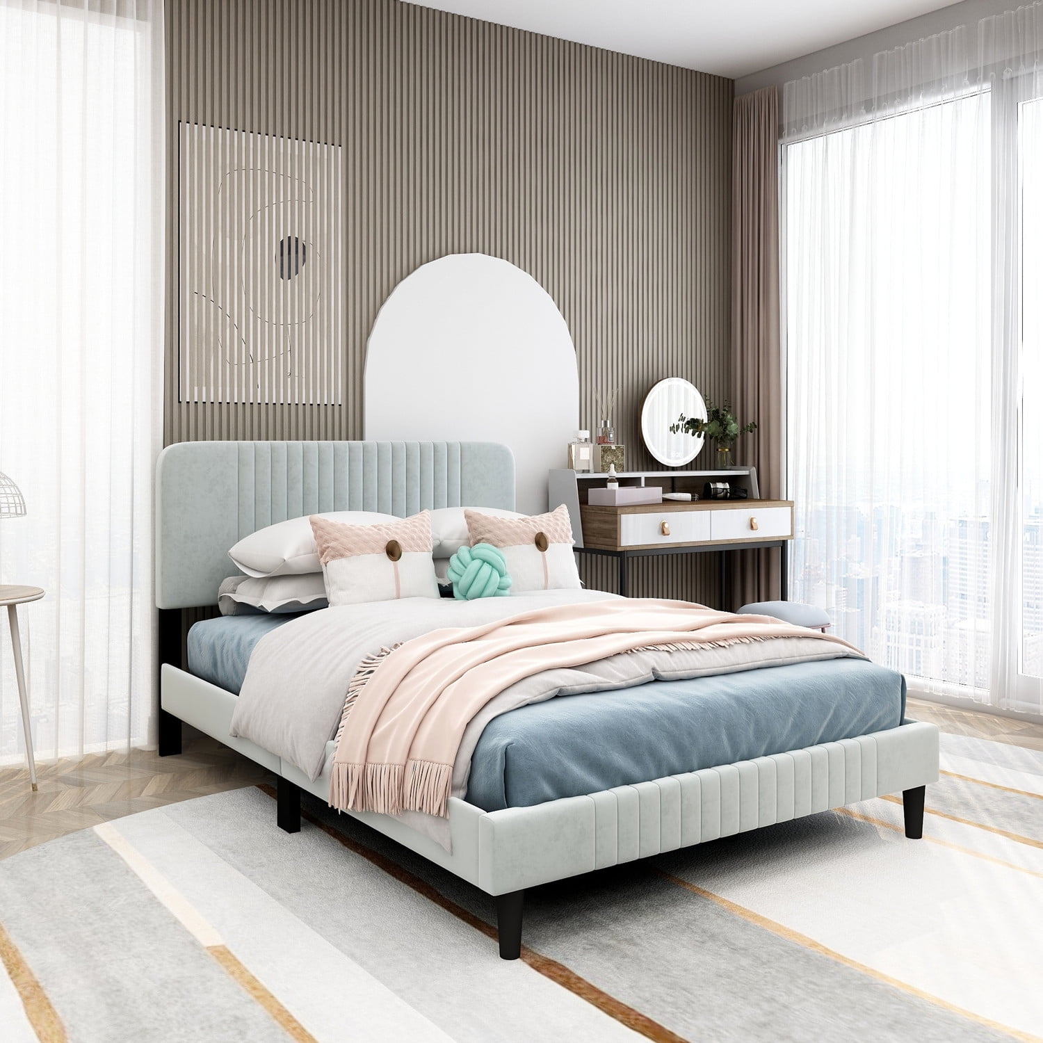 Full Size Platform Bed, Modern Linen Upholstered Bed Frame with Padded ...