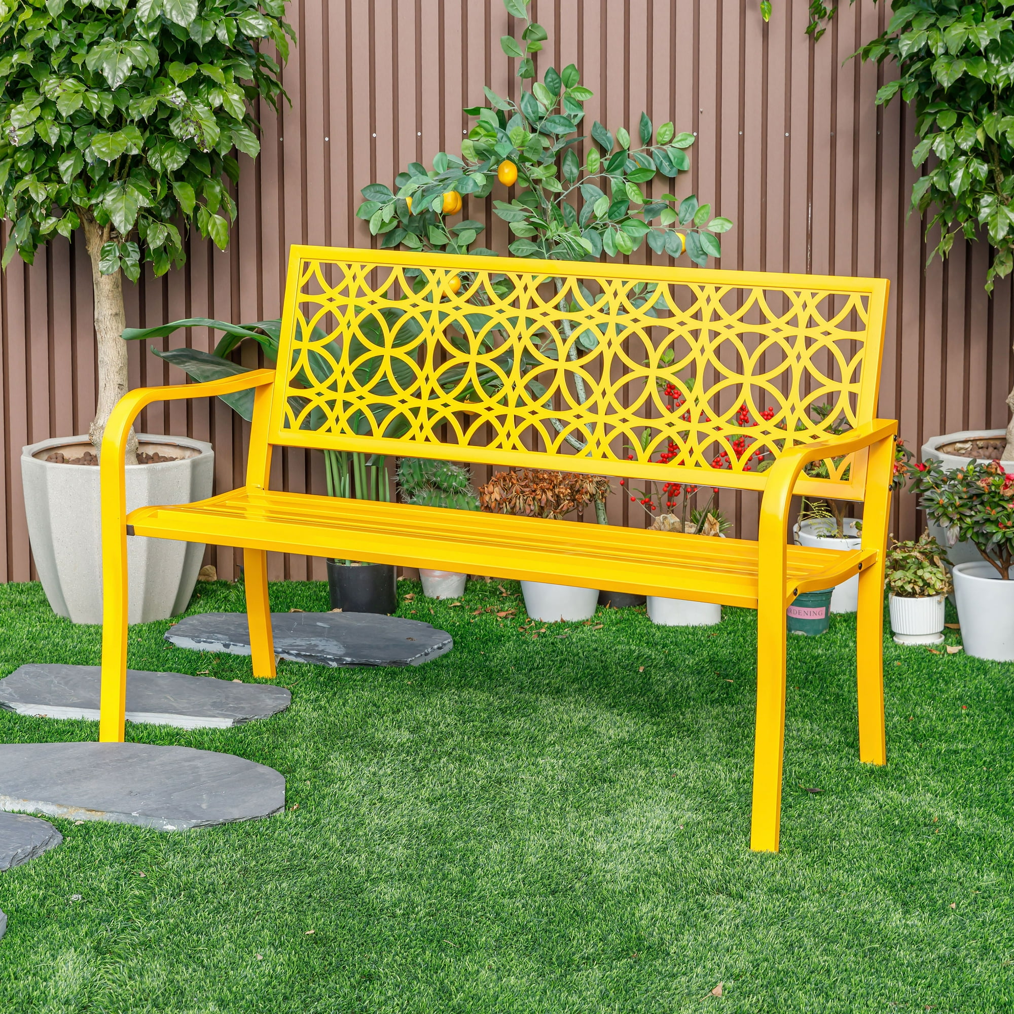 Click here for Hi-Line Gift 50 L Metal Garden Bench Yellow Lattic... prices