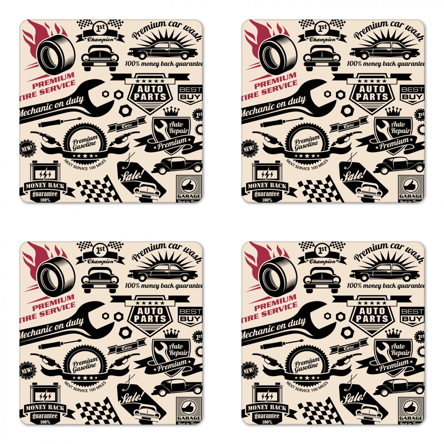 Retro Coaster Set of 4, Car Repair Shop Logos Monochrome Car ...