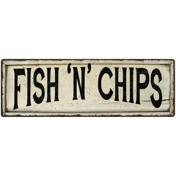 FISH 'N' CHIPS Farmhouse Style Wood Look Sign Gift 8x24 Metal Decor ...