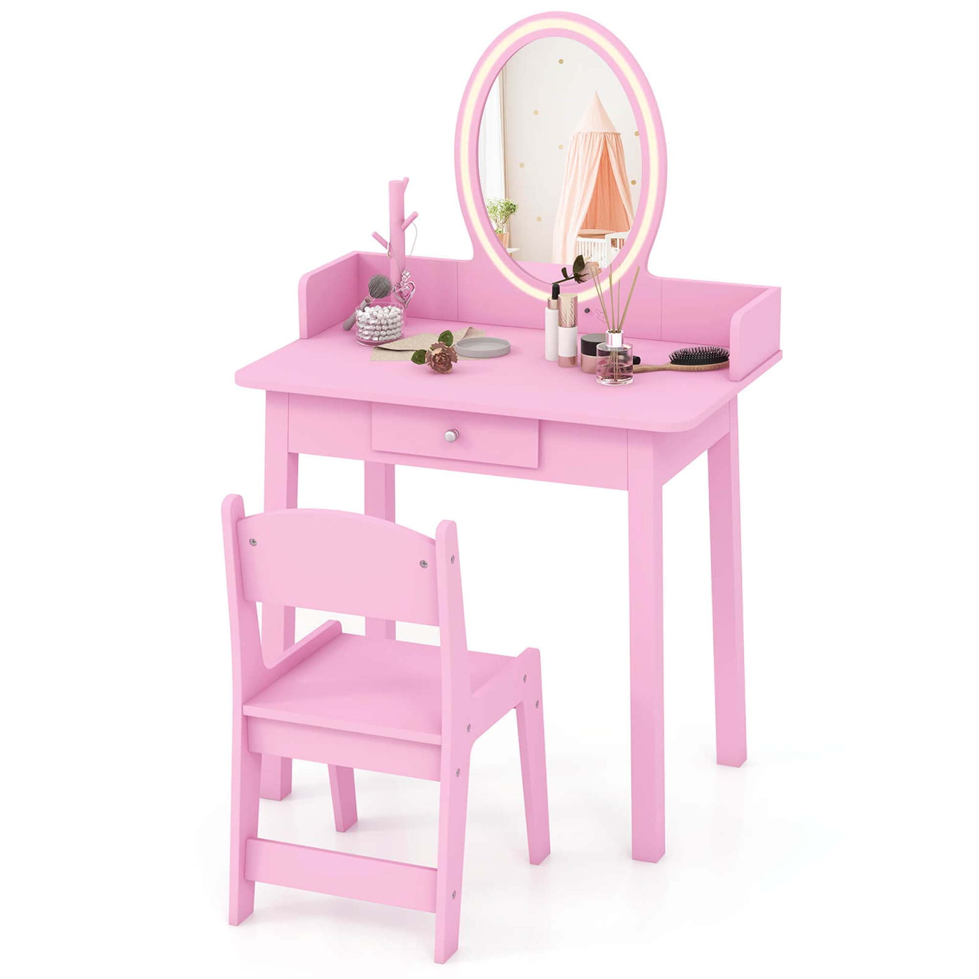 Click here for Costway Kids Vanity Set With Lighted Mirror Chair... prices