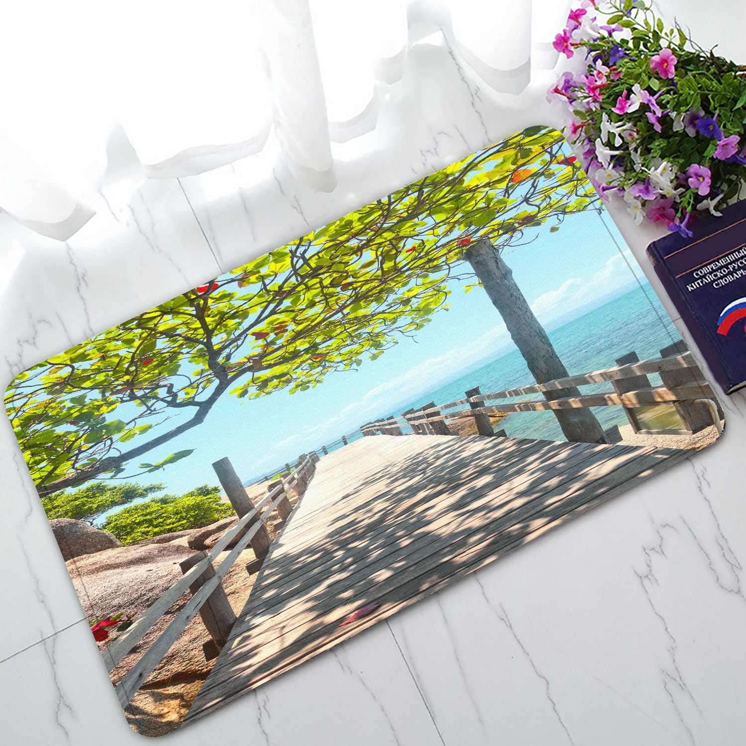 PHFZK Ocean Beach Seascape with Wooden Bridge Doormat, Beautiful Green ...