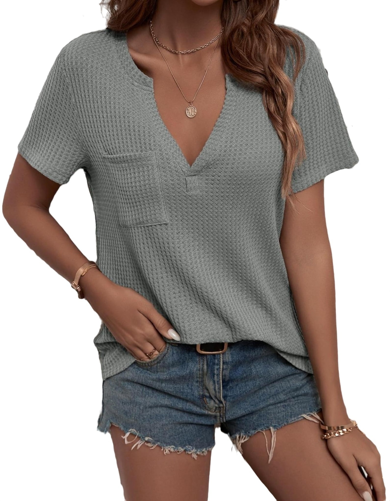 Casual Plain Notched Neck Short Sleeve Light Grey Womens T Shirts Womens
