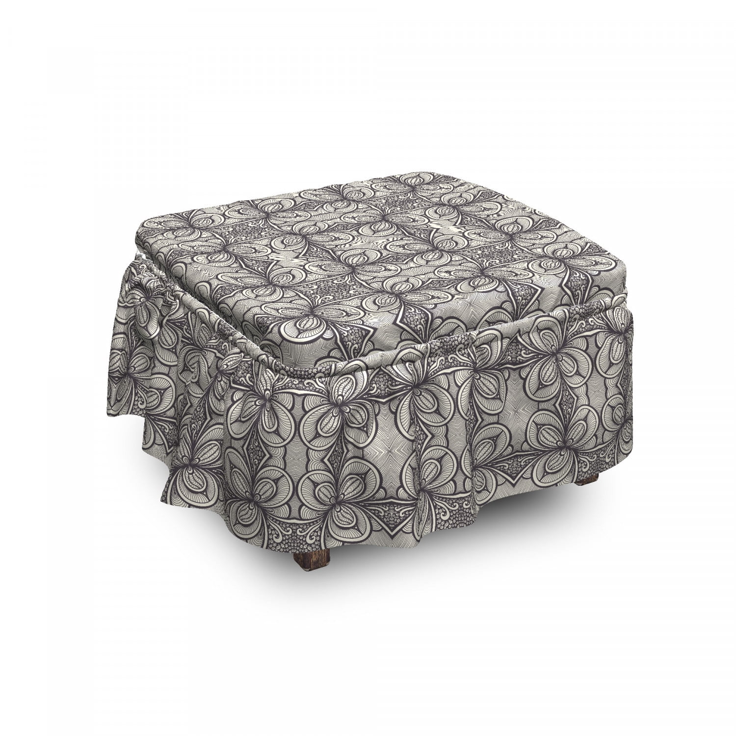 Floral Ottoman Cover, Zentangle Botanical Motif, 2 Piece Slipcover Set ...