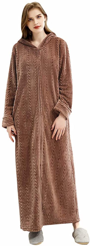 Oksun Womens long robe Zip Up Bathrobes Fleece Warm Dressing Robes with ...