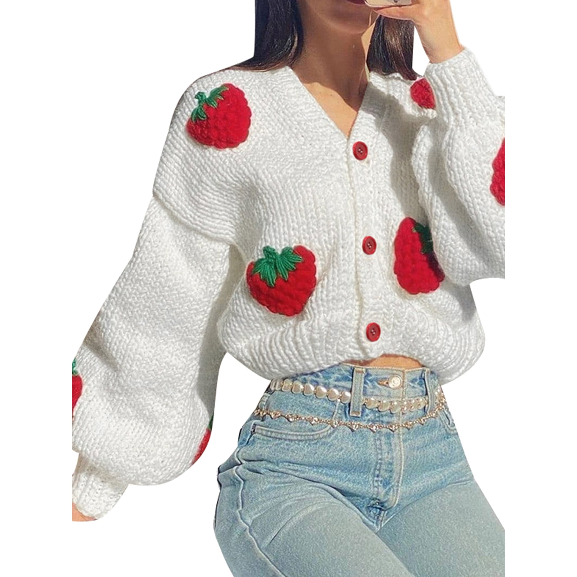 Musuos Women Handmade 3D Floral/Strawberry Chunky Knit Musuos Women Handmade 3D Floral/Strawberry Chunky Knit