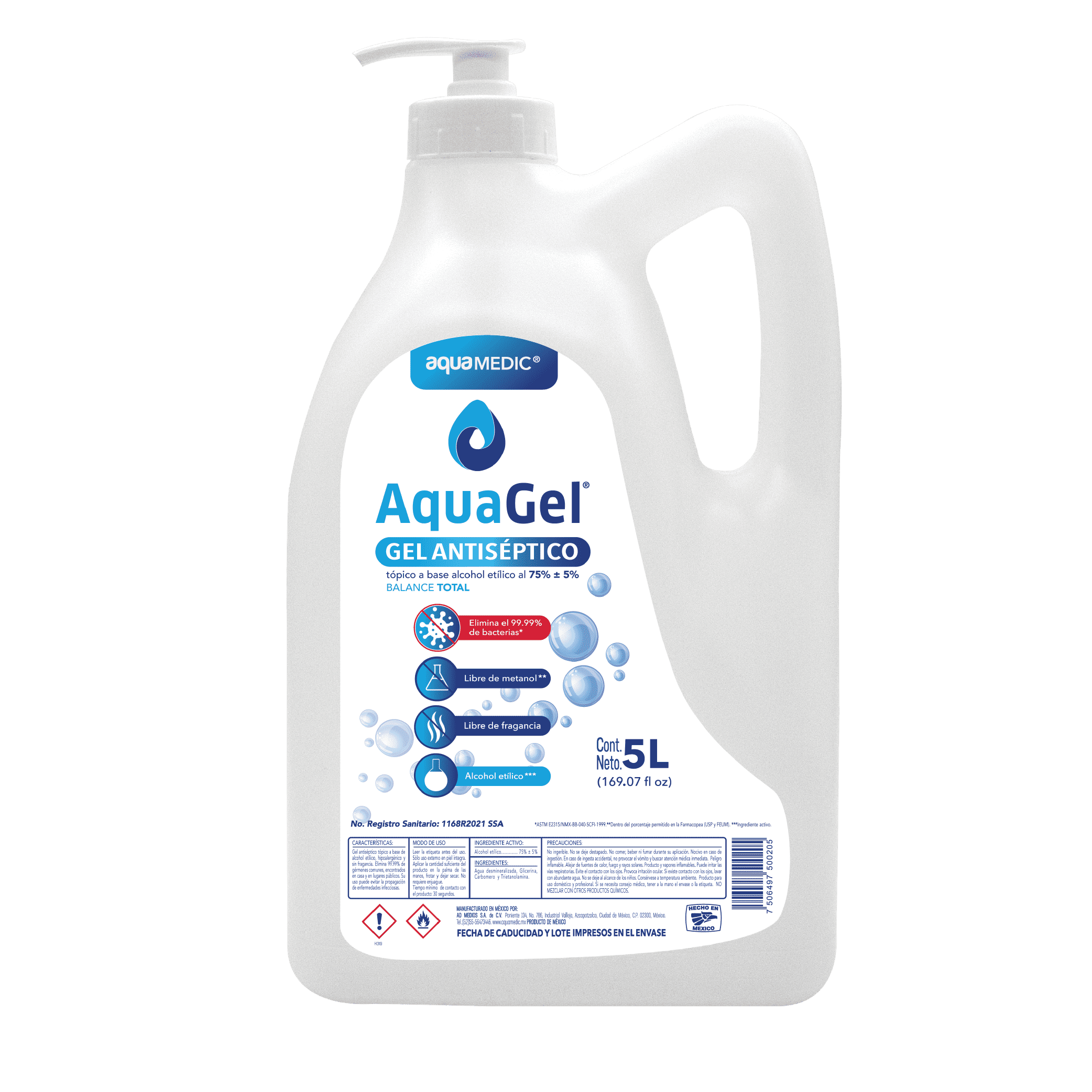 Gel antiséptico tópico AquaGel a base de alcohol etílico 75% 5 LT ...