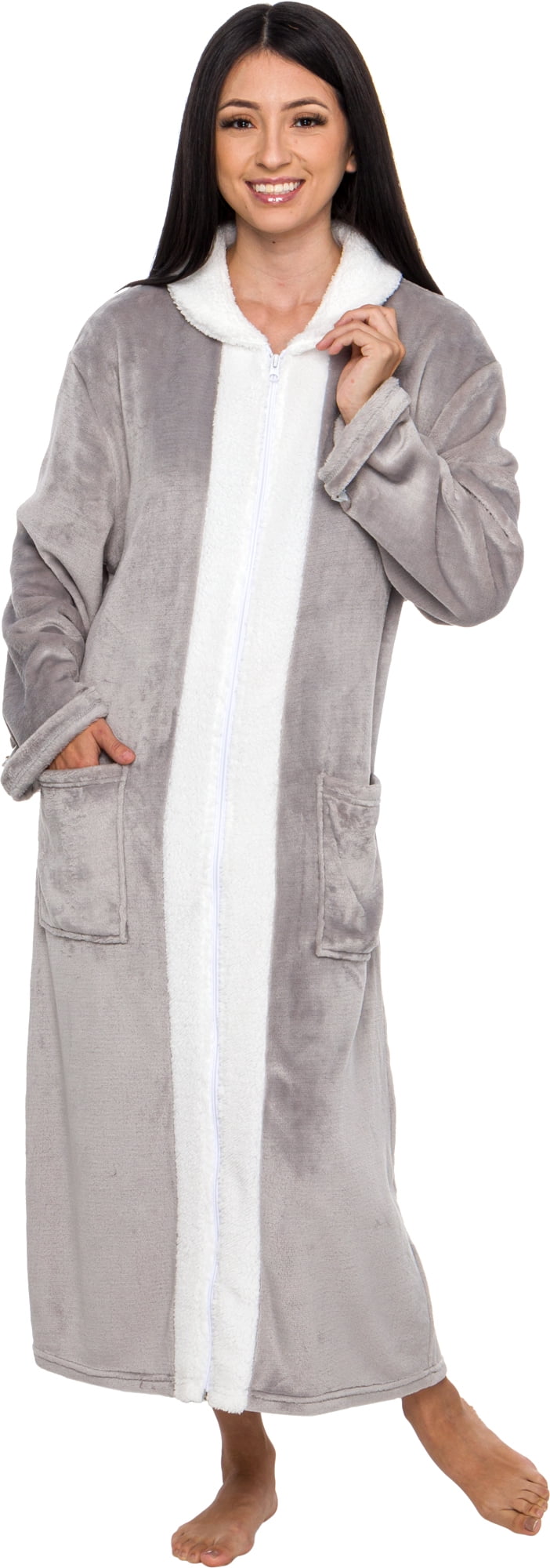 Silver Lilly Womens Sherpa Trim Fleece Robe Zip Up - Luxury Long House Coat (Grey, Small-Medium ...