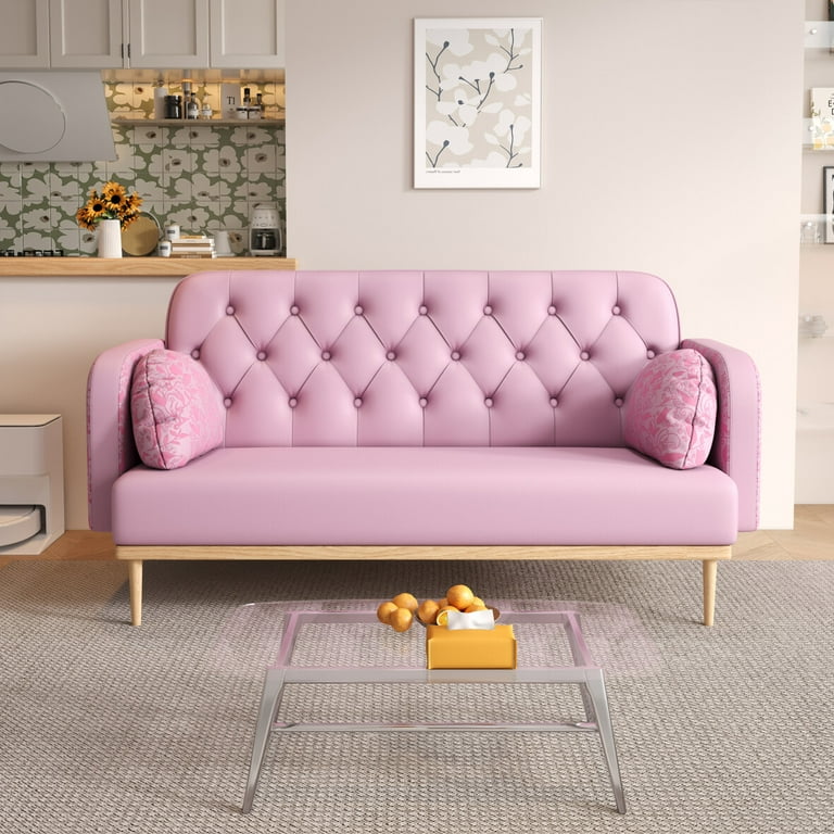 56.6 Faux Leather Loveseat Sofa Upholstered Modern 2 seat Sofa Couch with 2 Dumpling shaped Throw Tulip Pillows Small Love Seat Sofa with Wooden