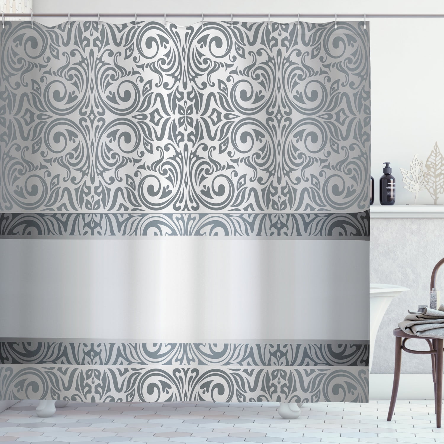 Ambesonne Damask Shower Curtain Baroque Damask Curves 69wx75l Grey