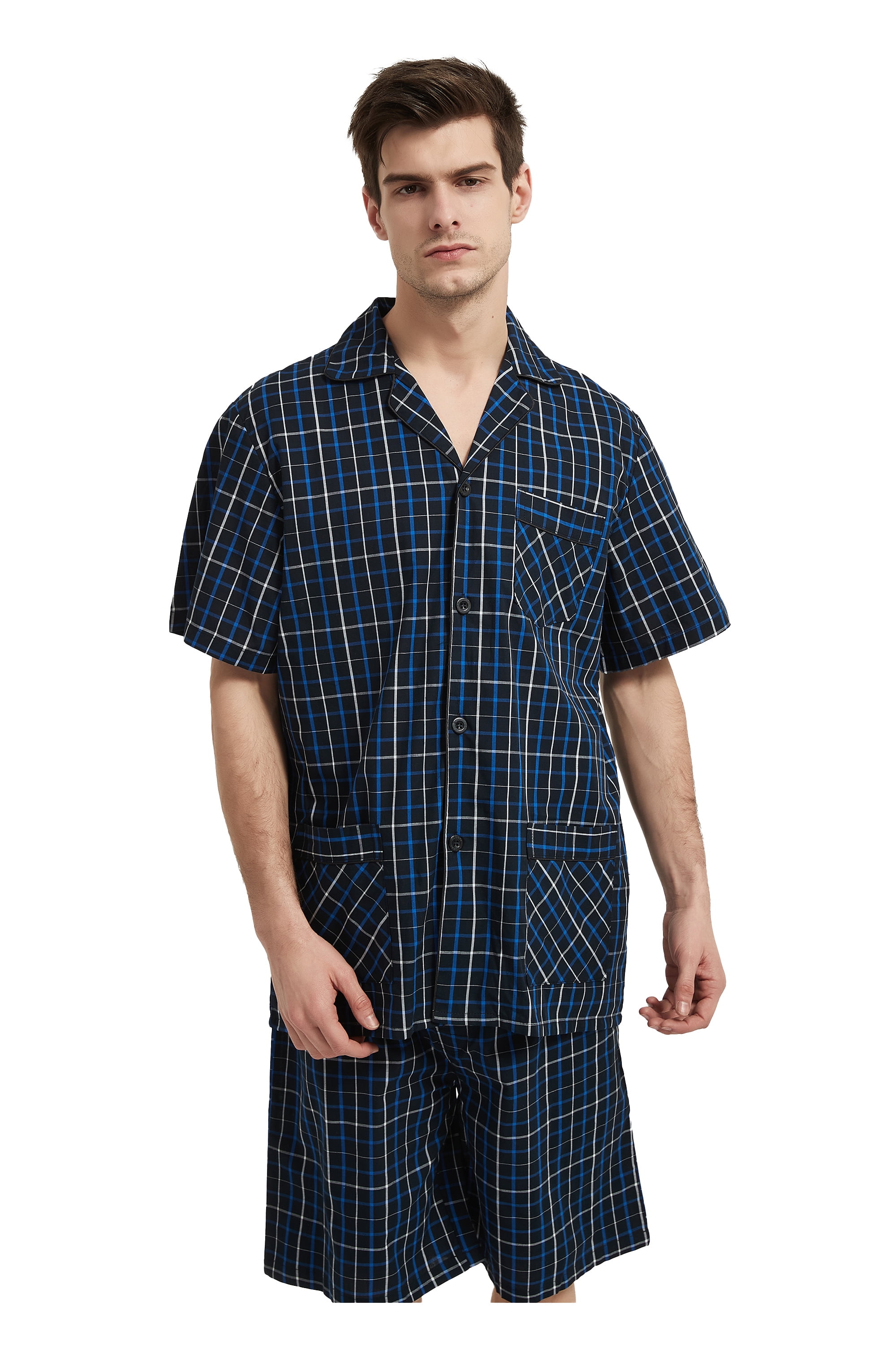 GLOBAL Men’s Cotton Short Sleeve and Shorts Yarn Pajama Set with ...