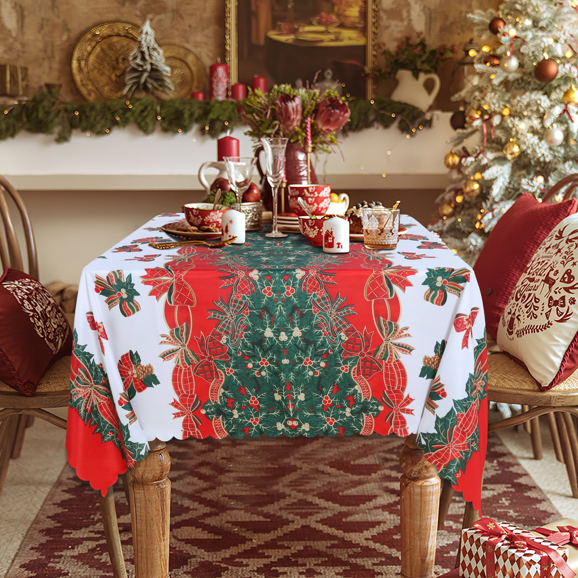 Linens stars Vintage long tablecloth with holly leafs and ribbon Home ...