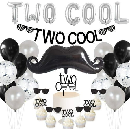 Two Cool Birthday Party Decorations with Two Balloons, Banner, Mustache ...