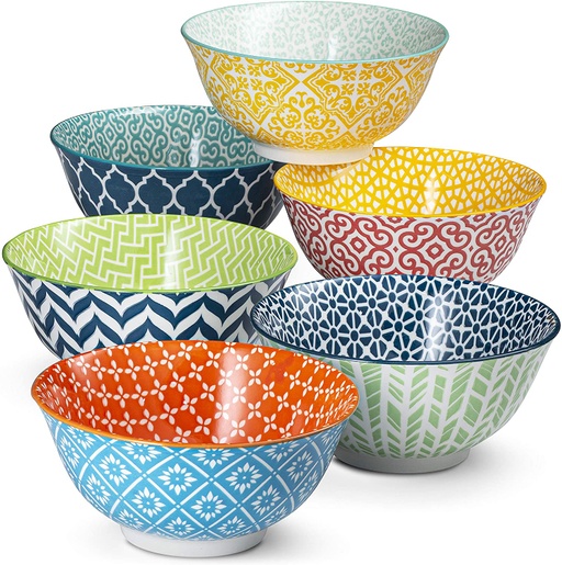 Kook Cereal Bowls Ceramic Designs,18 Oz, Set of 6, Multi Color ...