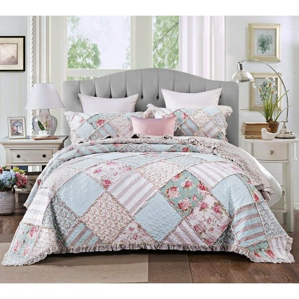 DaDa Bedding Hint of Mint Floral Pastel Cotton Patchwork Ruffle ...