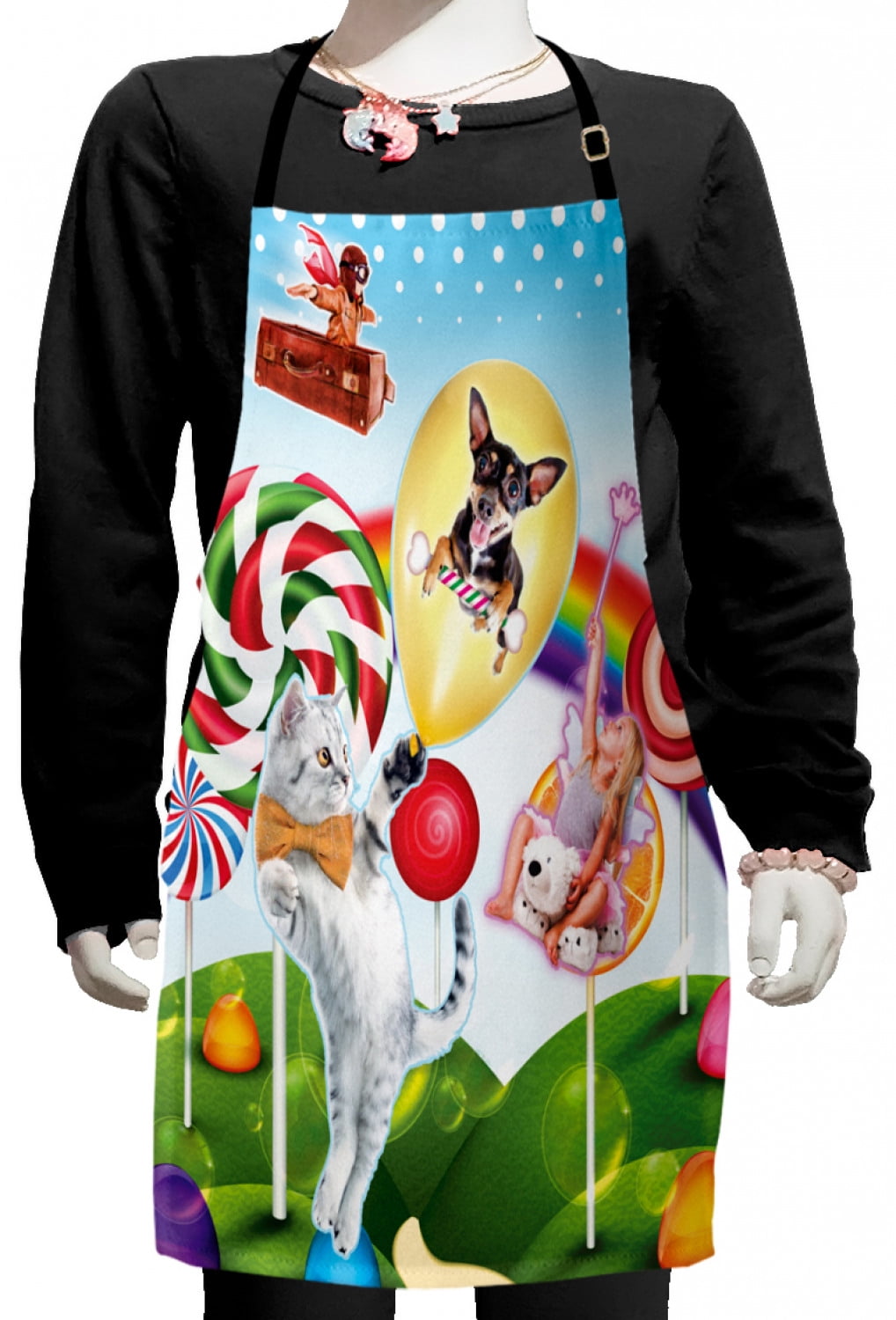 Animal Kids Apron, Colorful Fantasy Land Rainbow Candy Trees Cat Dog ...