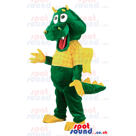 Giant green dragon SPOTSOUND Mascot with yellow hand-feet-wings and ...
