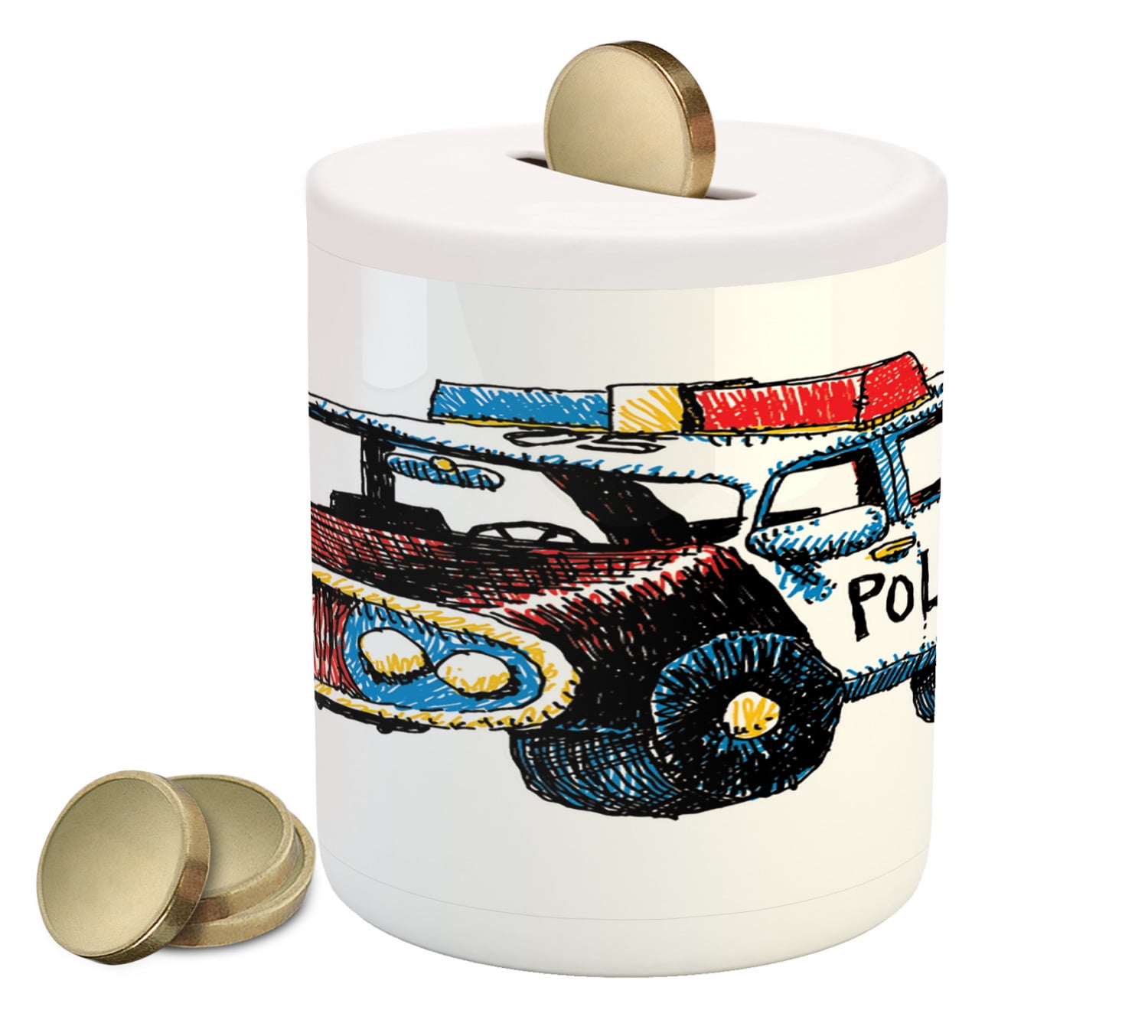 Police Piggy Bank, Cartoon Hand Drawn Police Car Unusual Design with ...
