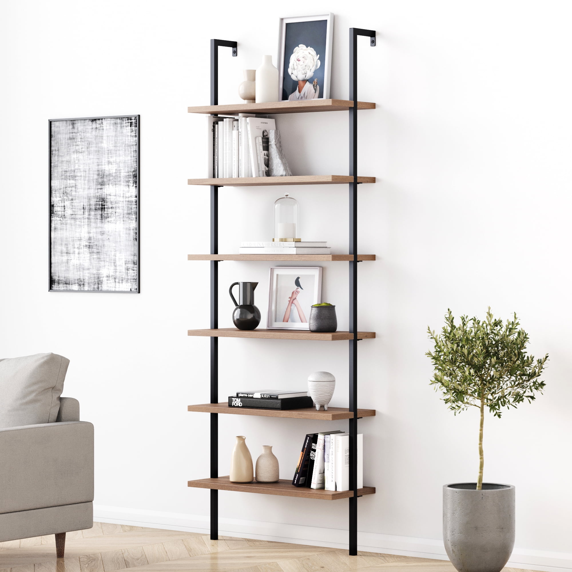 Nathan James Theo 6-Shelf Tall Bookcase Wall Mount Bookshelf Natural ...