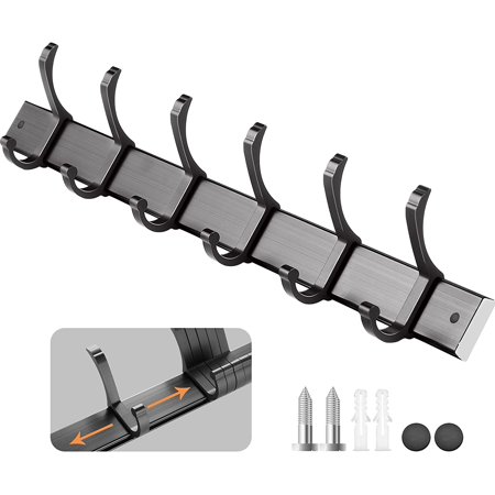 Coat Hooks - Metal Wall Mounted Heavy Duty 6 Sliding Rail Double Hooks ...