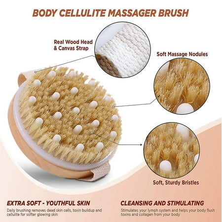 Body brush for wet or dry brushing natural bristles exfoliating and ...