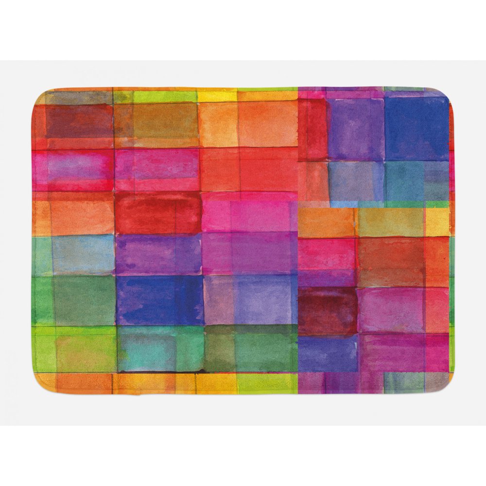 Abstract Bath Mat, Rainbow Colored Geometric Square Shaped with Blurry ...
