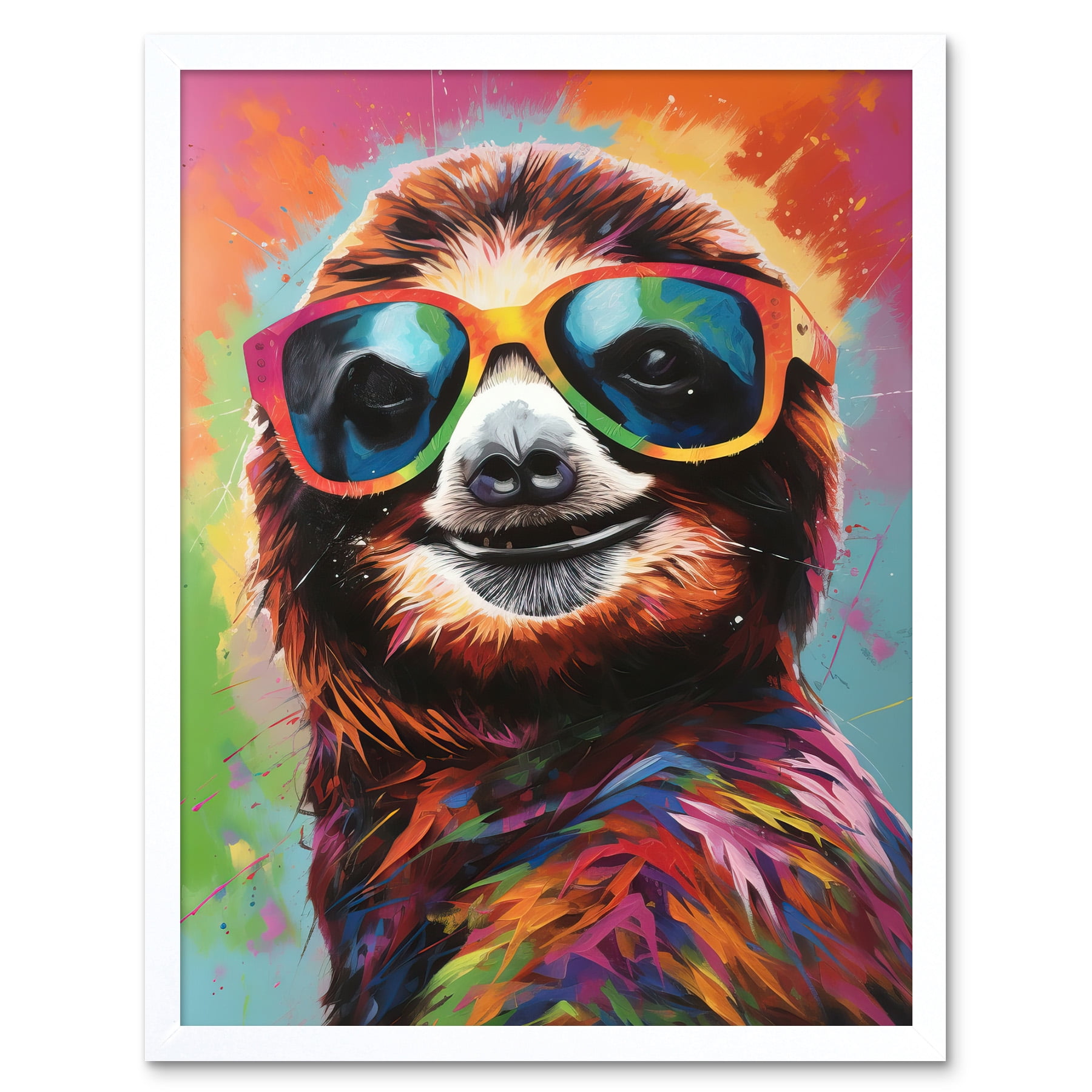 Multicoloured Smiling Sloth Wearing Sunglasses Art Print Framed Poster ...