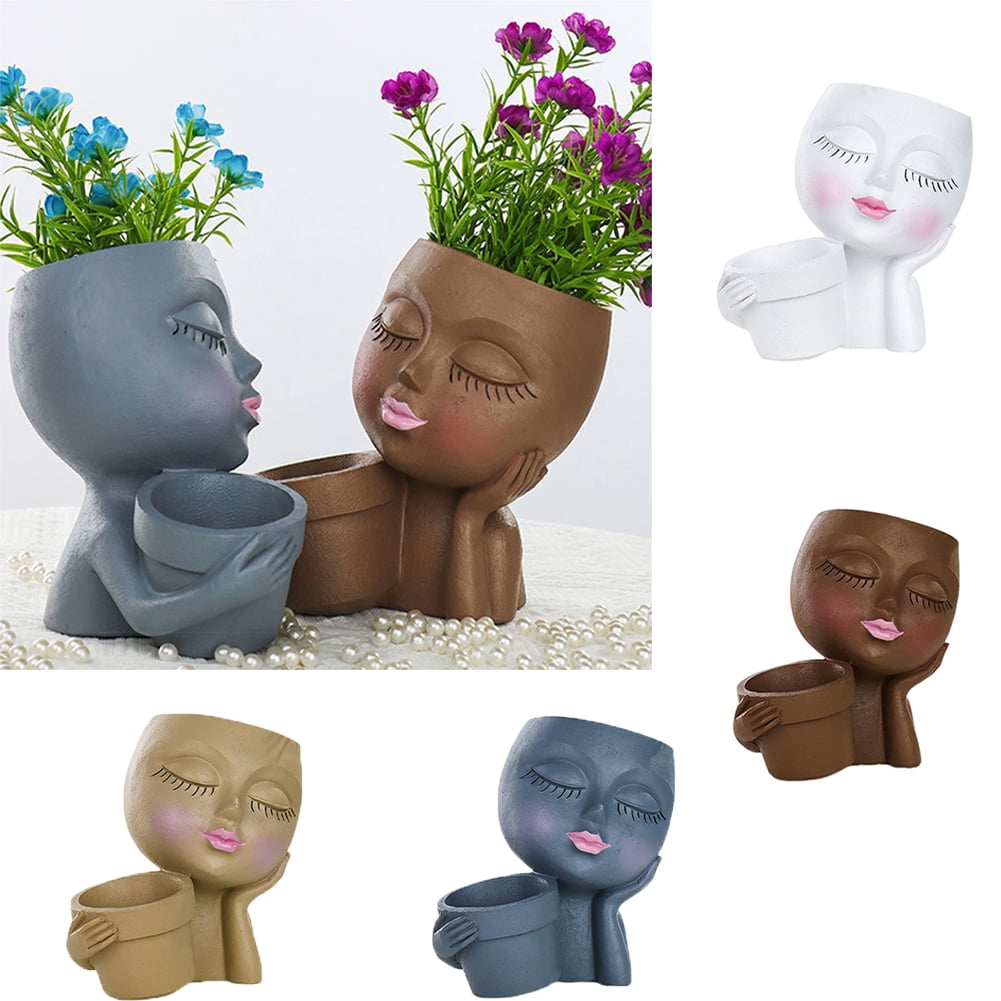 UDIYO Lady Head Face Flower Pot, Double Flower Pots with Drainage Hole ...