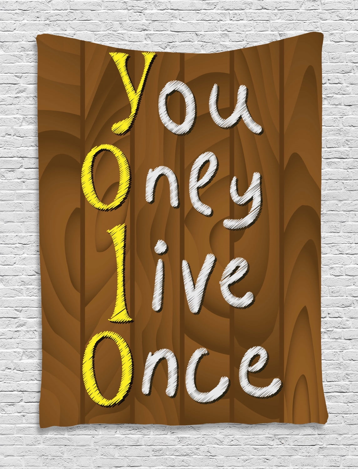 YOLO Tapestry, Cartoon Style Wooden Rustic Background with Meaningful ...