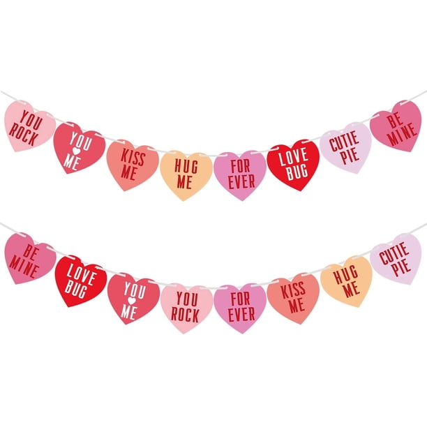 2 Pack Multicolored Candy Hearts Banner Paper Heart Garland Banner for ...